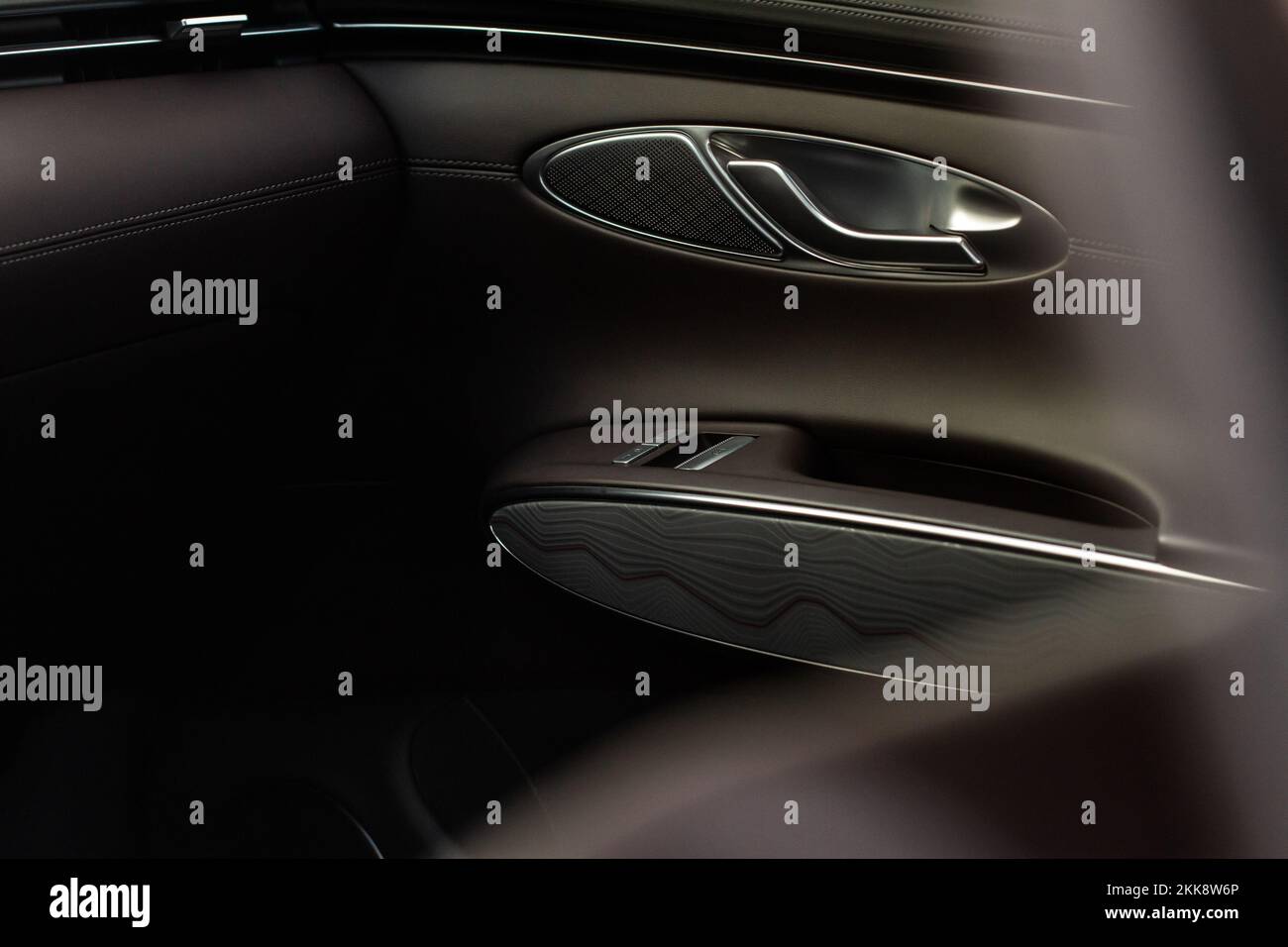 Modern car interior door handle close up. Metallic Car door opener ...