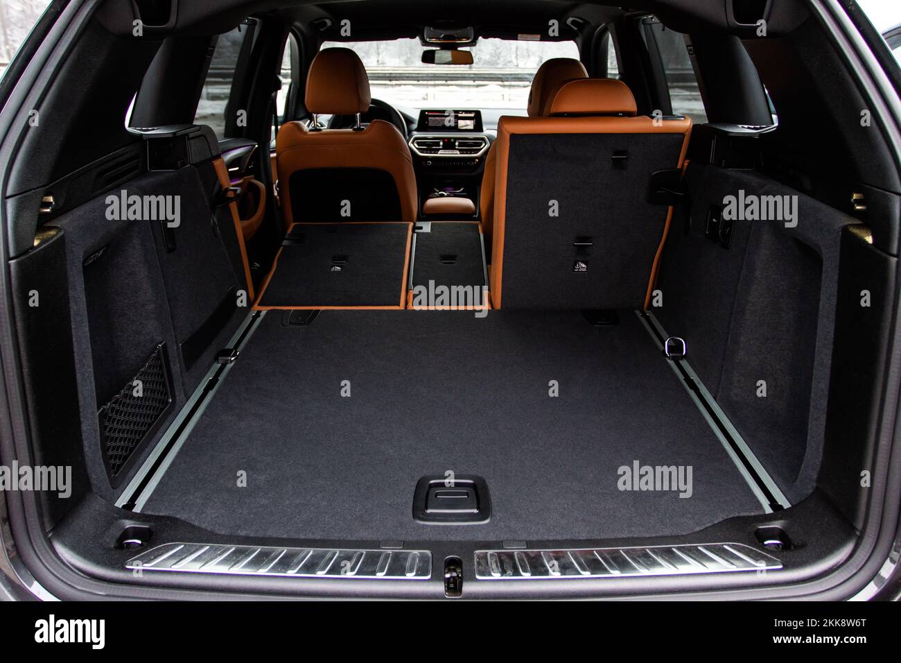 Huge, clean and empty car trunk in interior of compact suv. Rear view ...