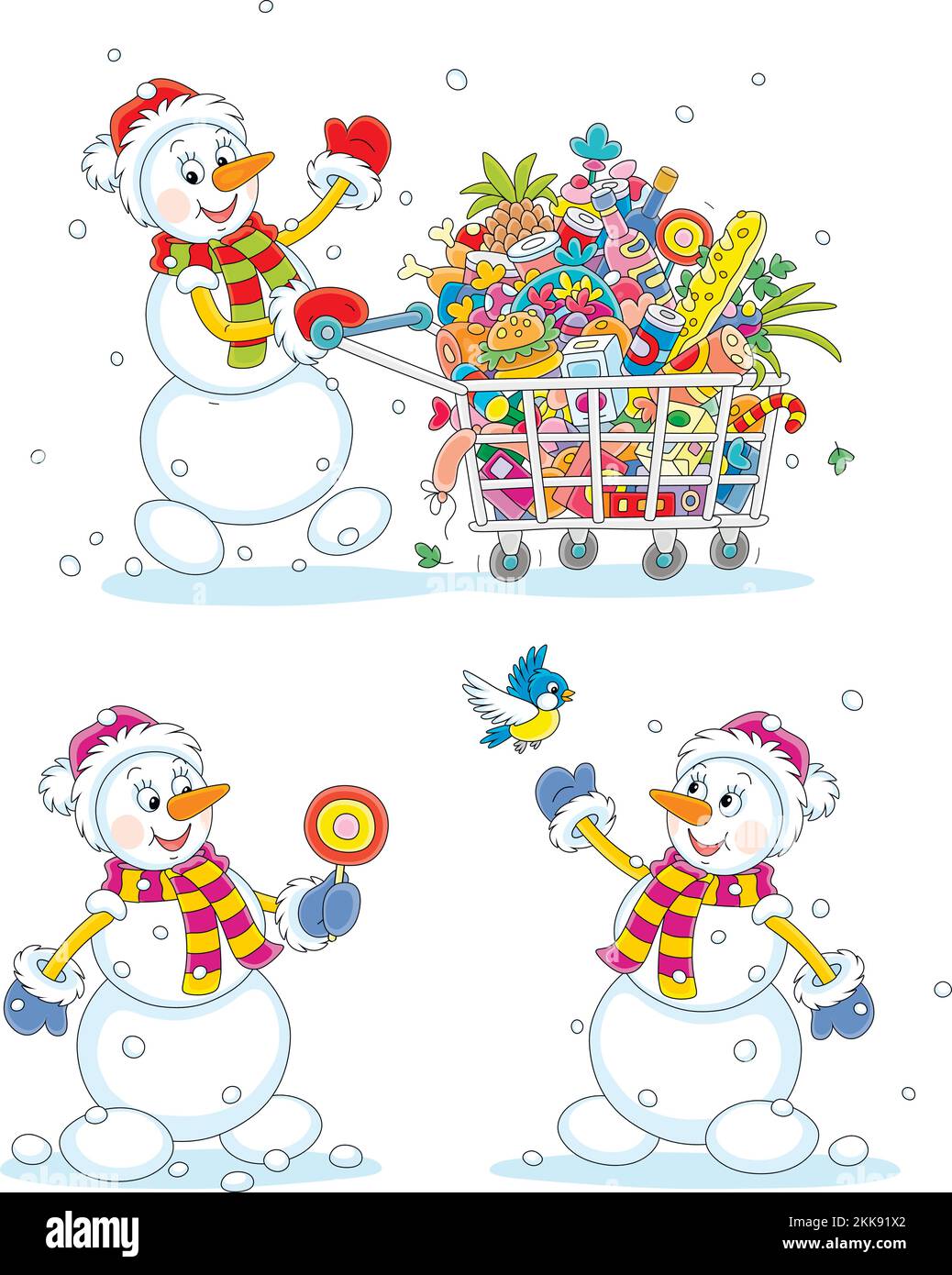 Vector cartoon set with a funny toy snowman, a shopping cart full of ...