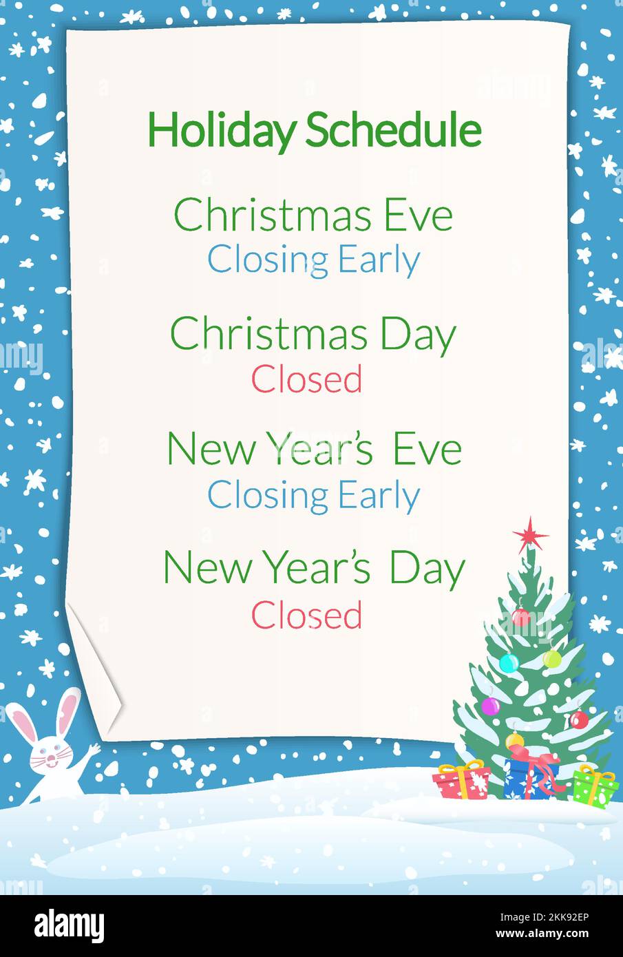 Holiday closure schedule template. Winter Scene with Snowdrifts, Hare ...