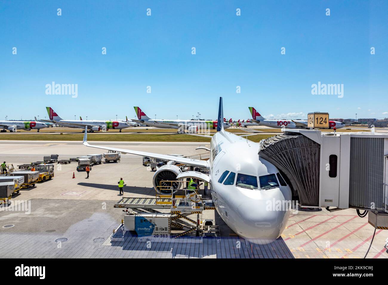 Lisbon, Portugal - June 8, 2020: Lufthansa aircraft at the gate. Tap ...