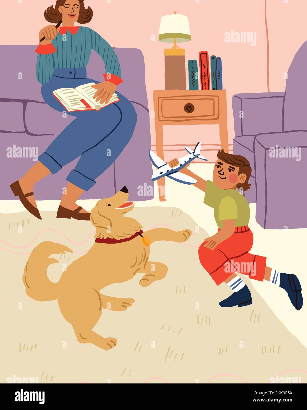 Happy family at home, mother, son and the dog in the living room ...