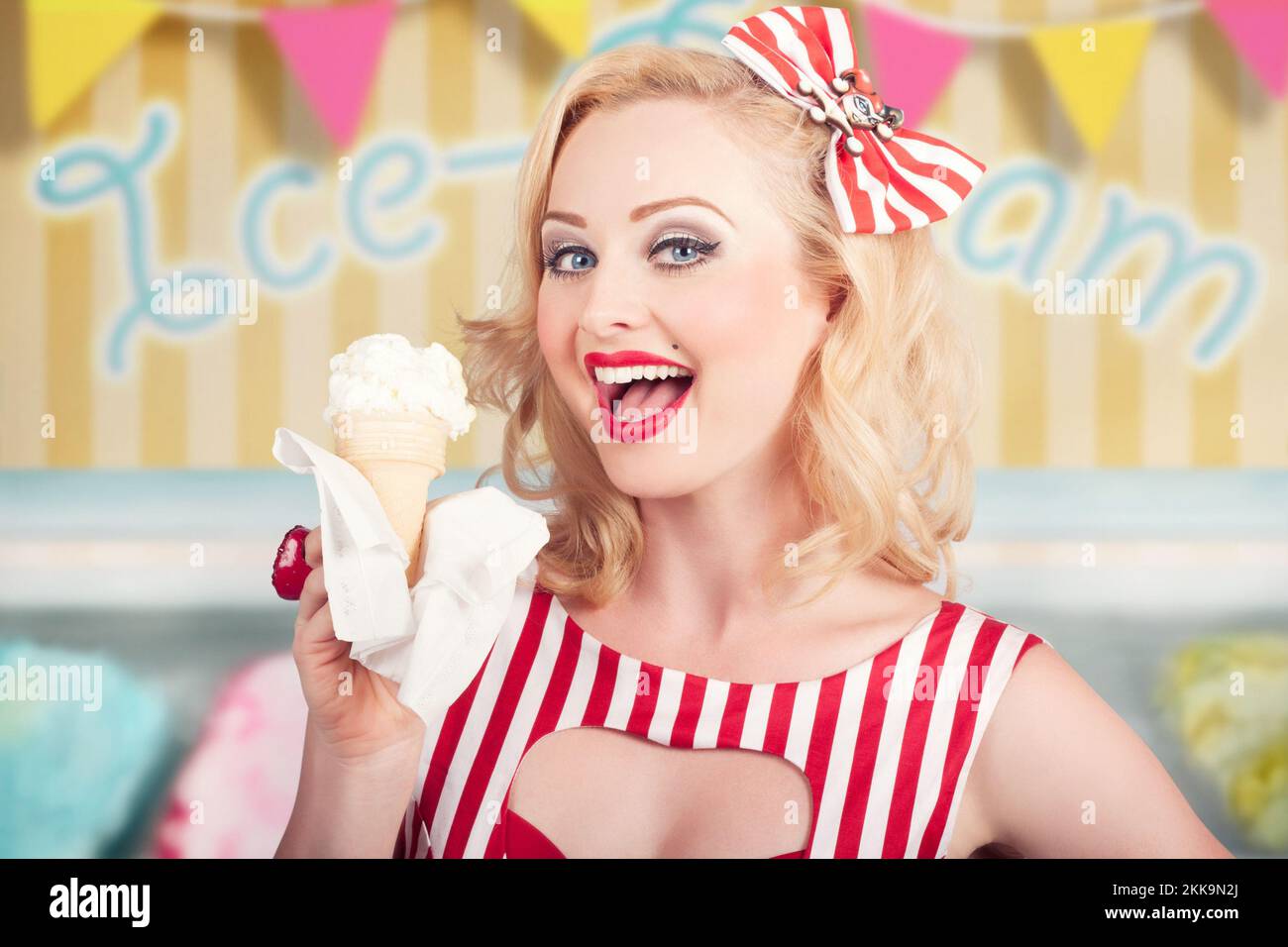 Attractive Retro Pinup Girl Eating Ice Cream Cone Inside A Vintage Ice