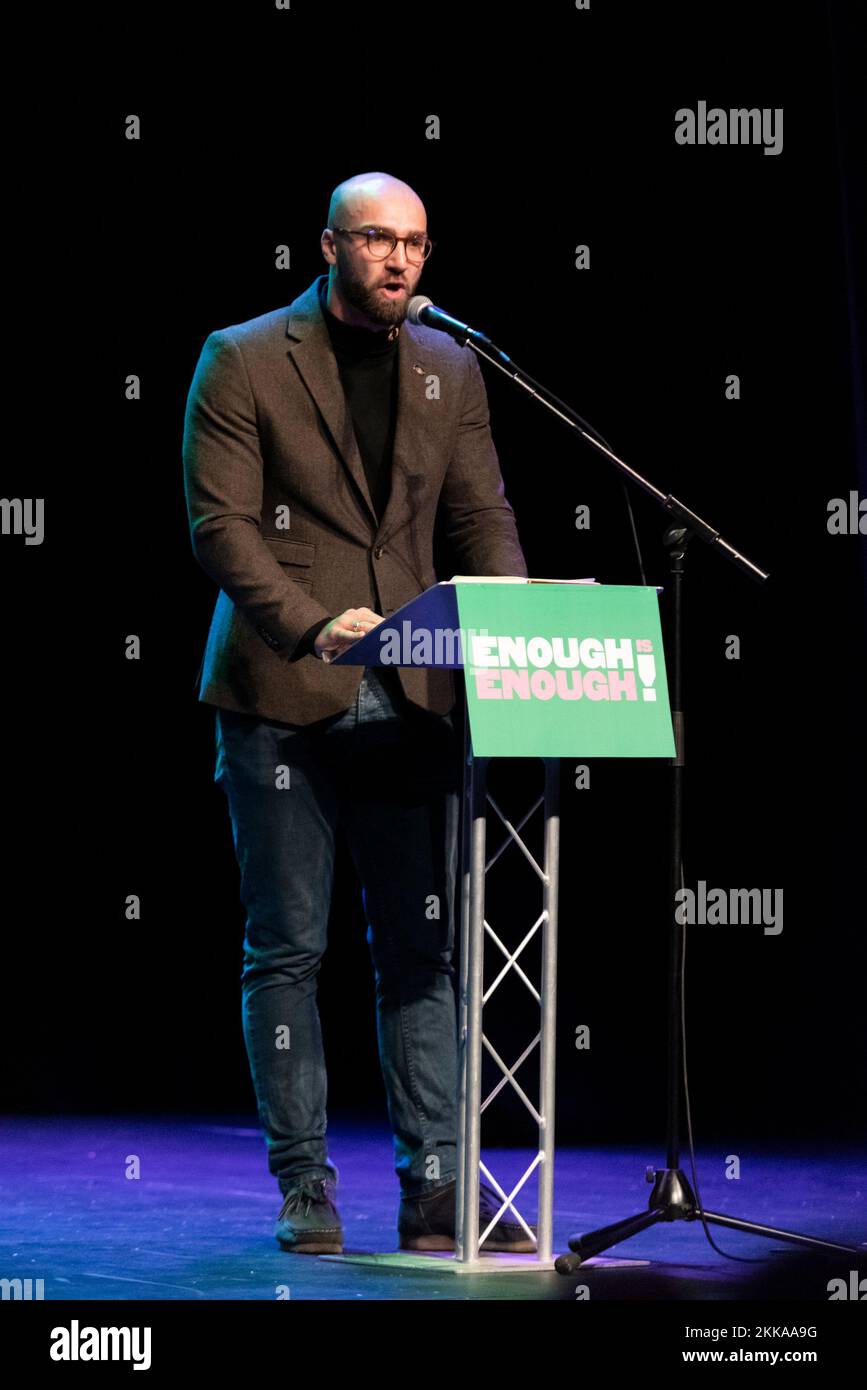Luke Elgar, Essex branch CWU, speaking at a Enough is Enough protest ...