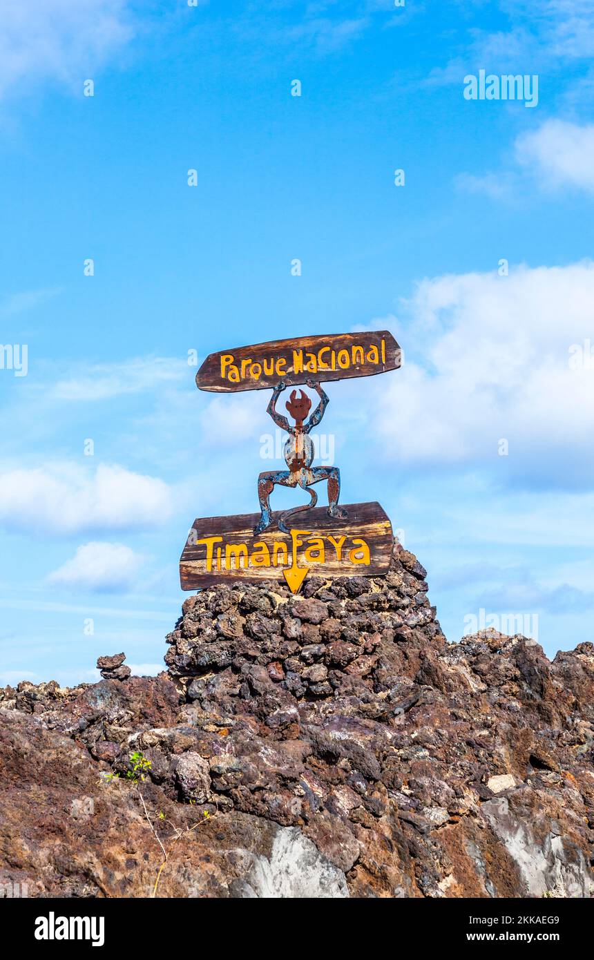 Yaiza, Spain - December 26, 2010: Devil sign by entrance Timanfaya National Park in Lanzarote in ...