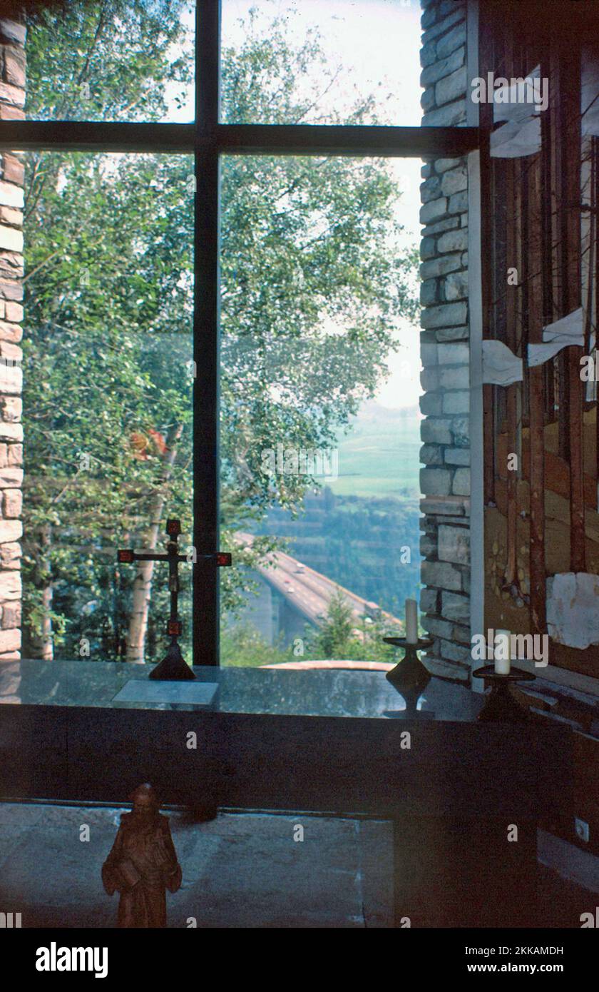 A view of the Brenner Pass through a church window in Austria. The ...