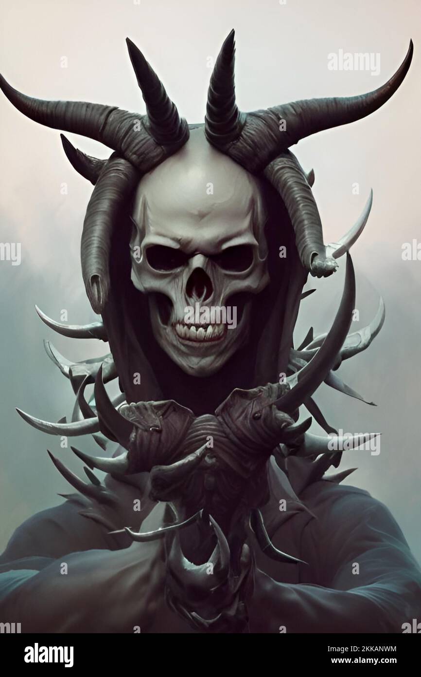 An evil grim skeleton character illustration with horns menacing look ...