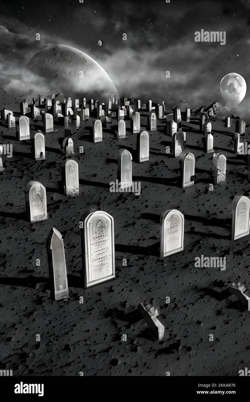 A grayscale illustration of the graveyard in space with planets in the ...