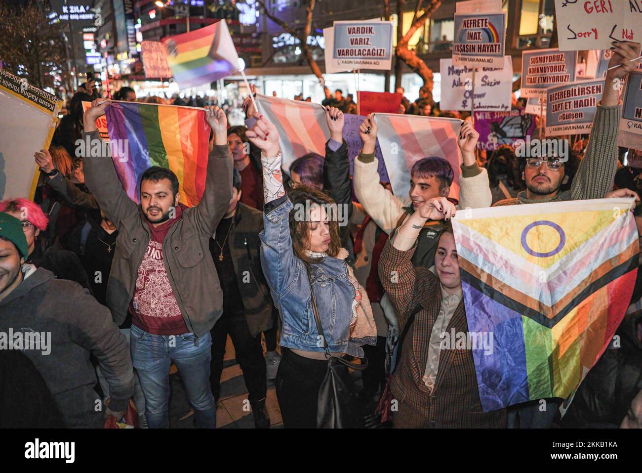Ankara, Turkey. 25th Nov, 2022. Protesters wave LGBT flags during the ...