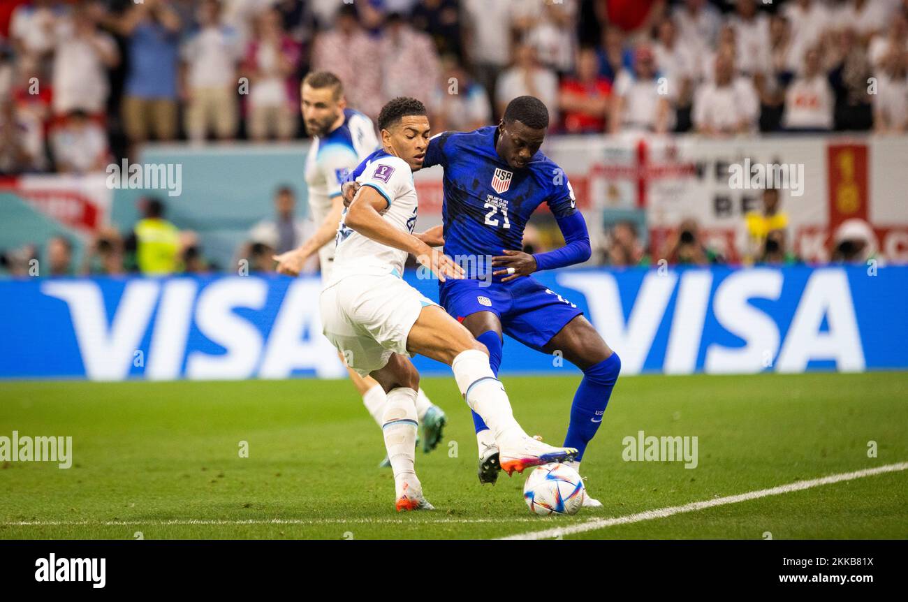 Doha, Qatar. 25th Nov, 2022. Jude Bellingham (England), Timothy Weah ...
