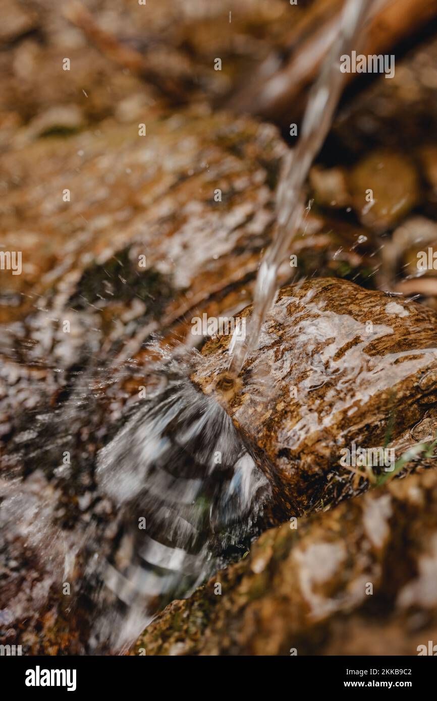 A vertical shot of water stream falling on rocks in a forest Stock ...