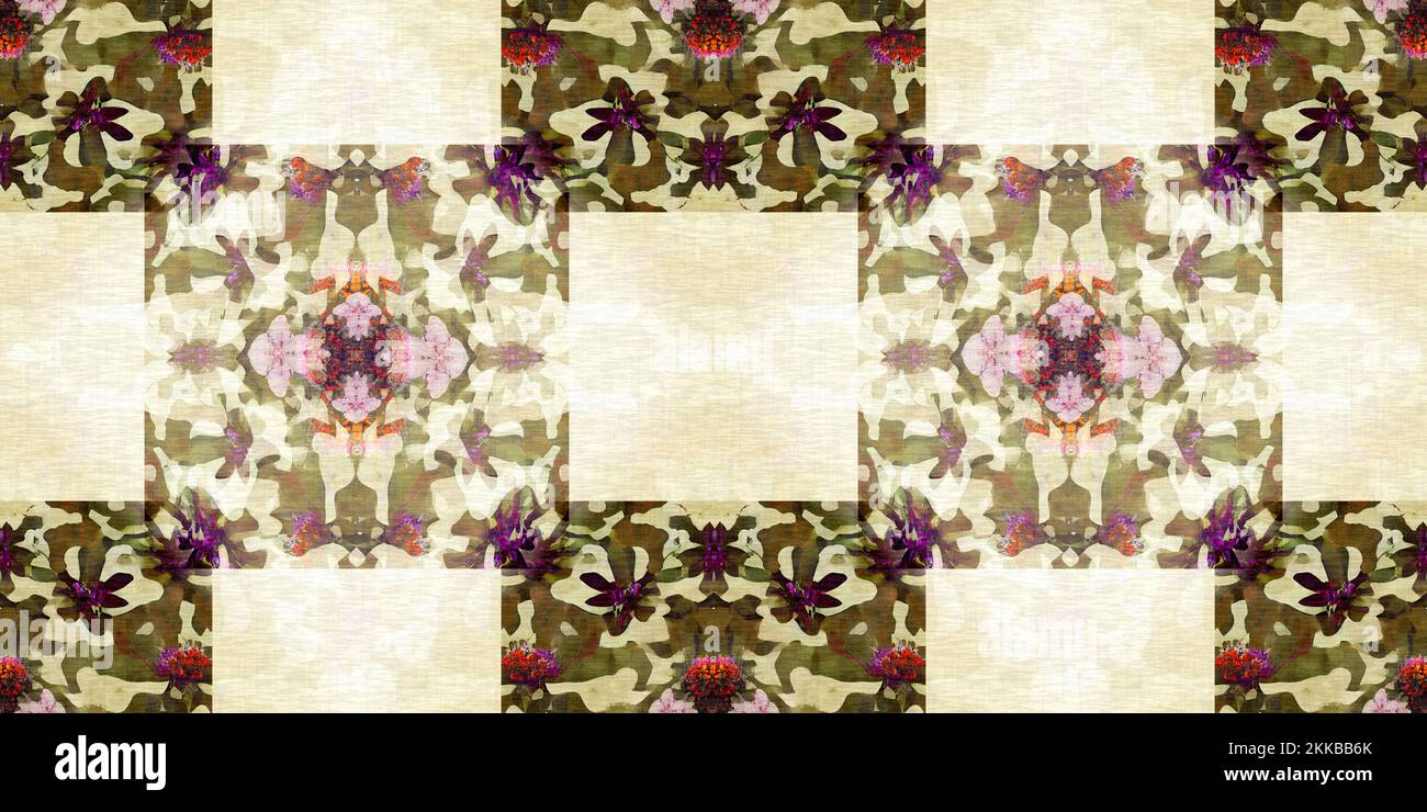 Floral patchwork quilt seamless border. Ornate geo swatch for exotic ...