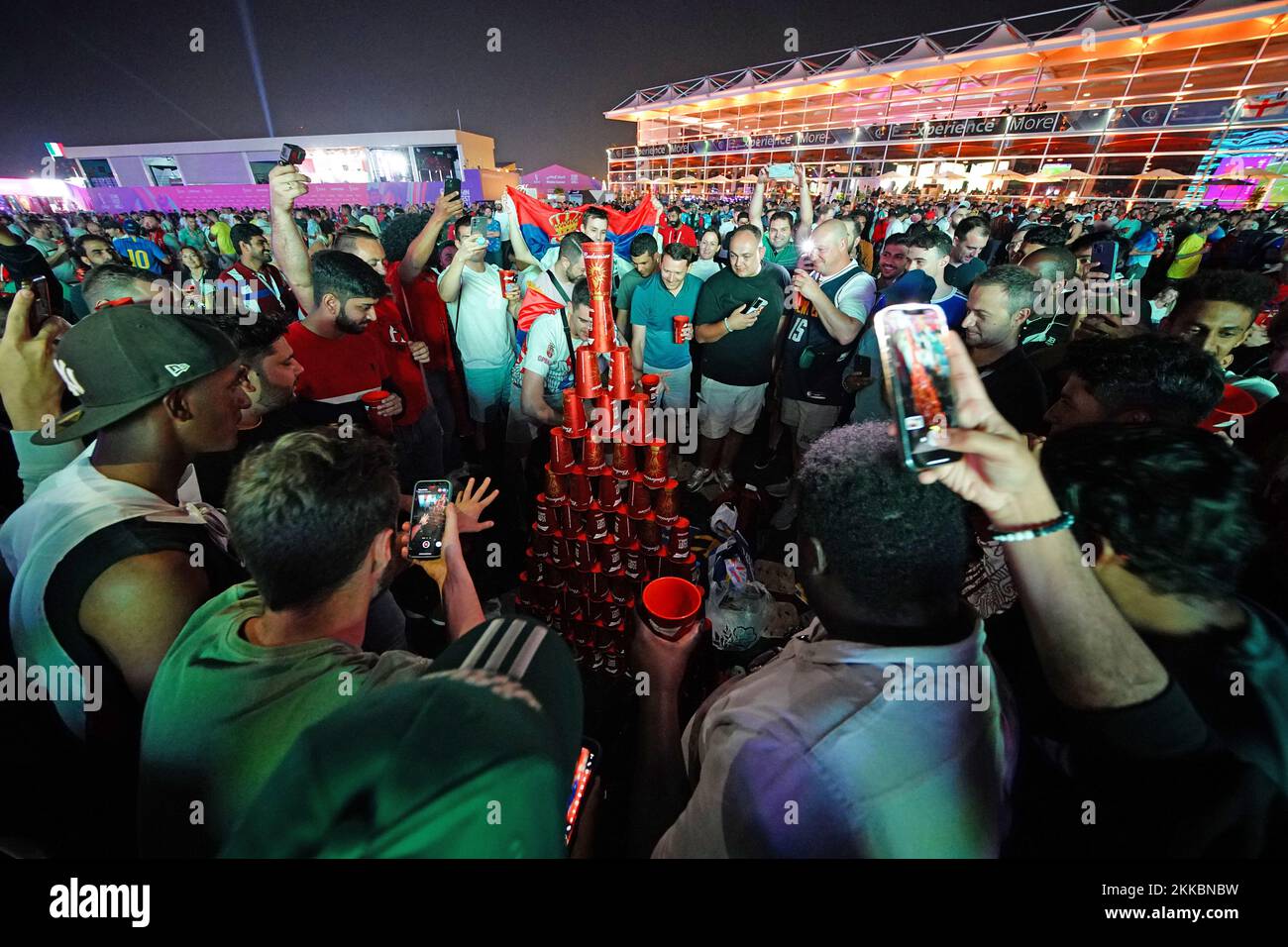 Fans stack beer cans in the fan zone in Doha, Qatar, during the FIFA ...
