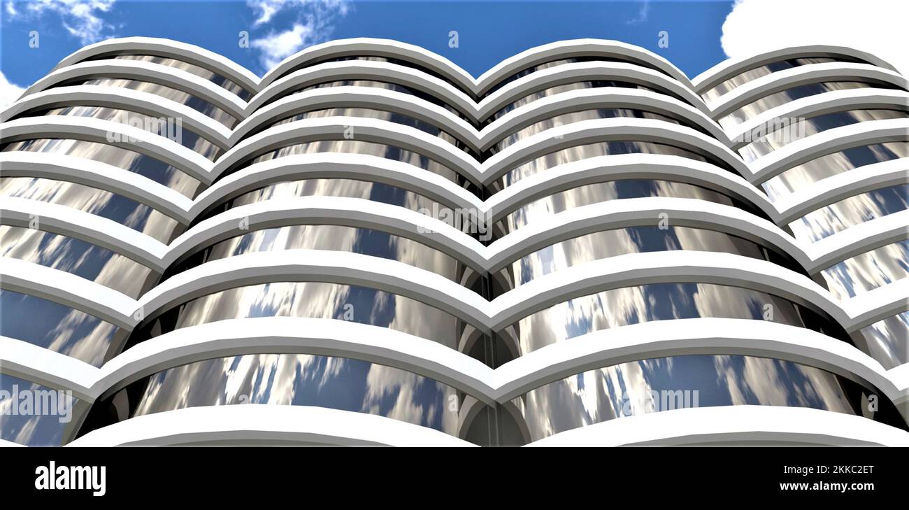 Futuristic bulk cargo storage silos bottom view against a cloudy sky ...