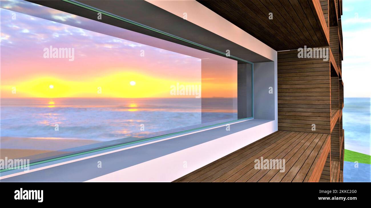 Two suns setting over the sea are reflected in the window of a hotel ...