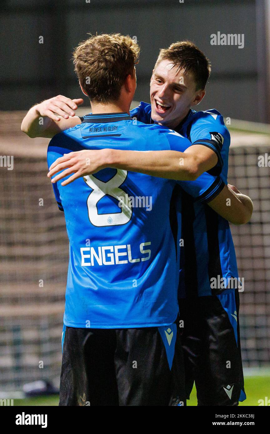 Club NXT's Arne Engels celebrates after scoring during a soccer match ...