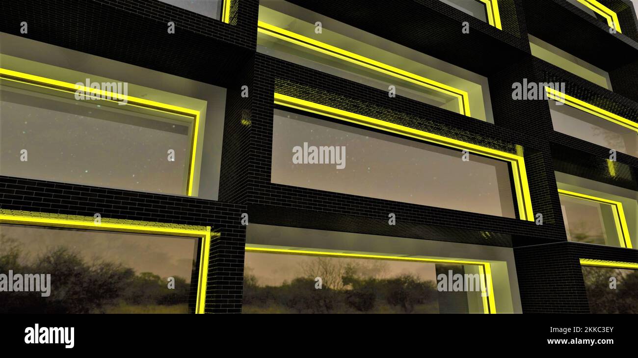 Bright yellow illumination of the window arches of a modern apartment ...