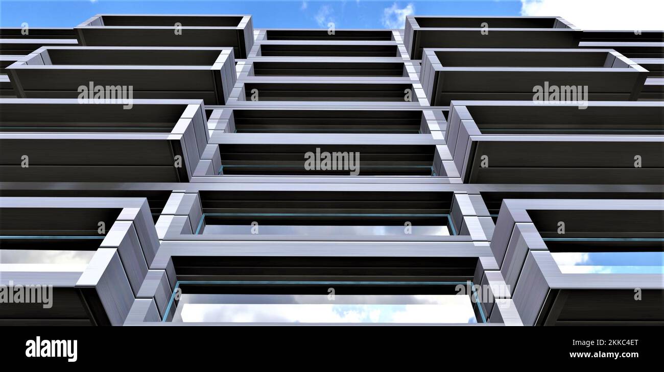A bottom view of the exclusive façade of a luxury apartment building ...