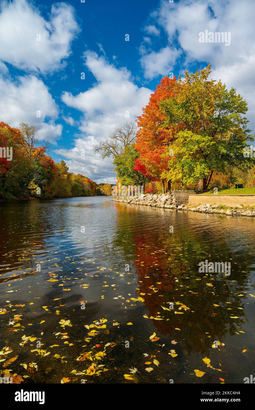 Vivid fall foliage on the Grand River river in Grand Ledge with cloudy ...
