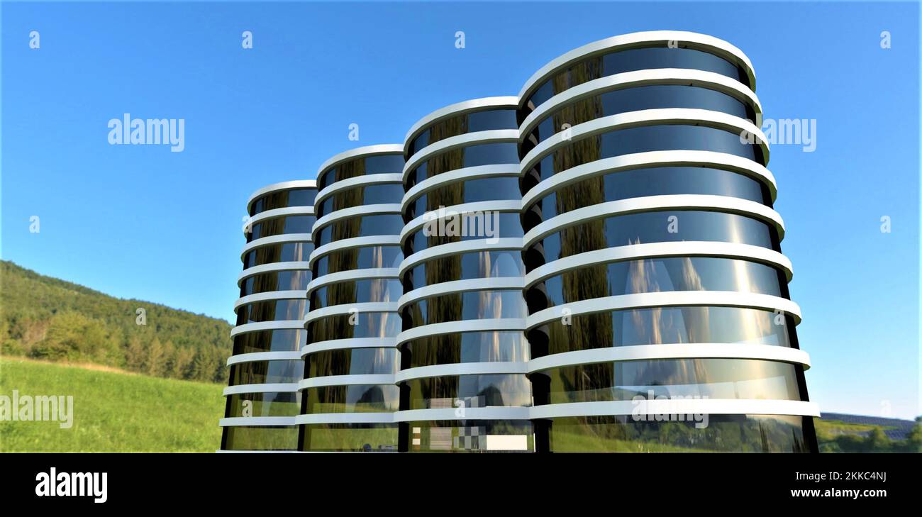 Several futuristic bulk storage silos. Concrete rings reliably ...