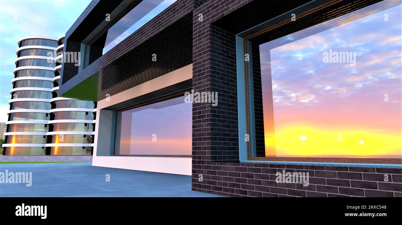 A wonderful dawn is reflected on the windows of the newly built hotel ...
