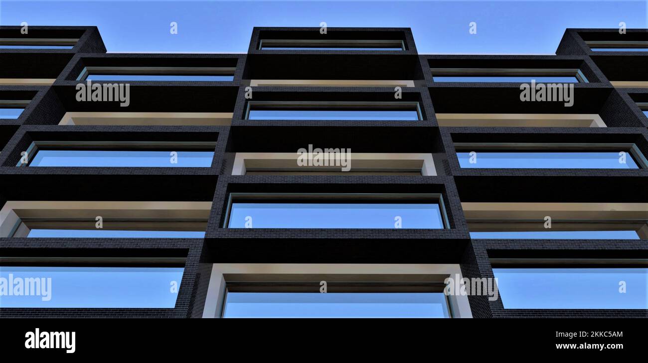 Combination of facade finishing with black brick tiles and white frost ...