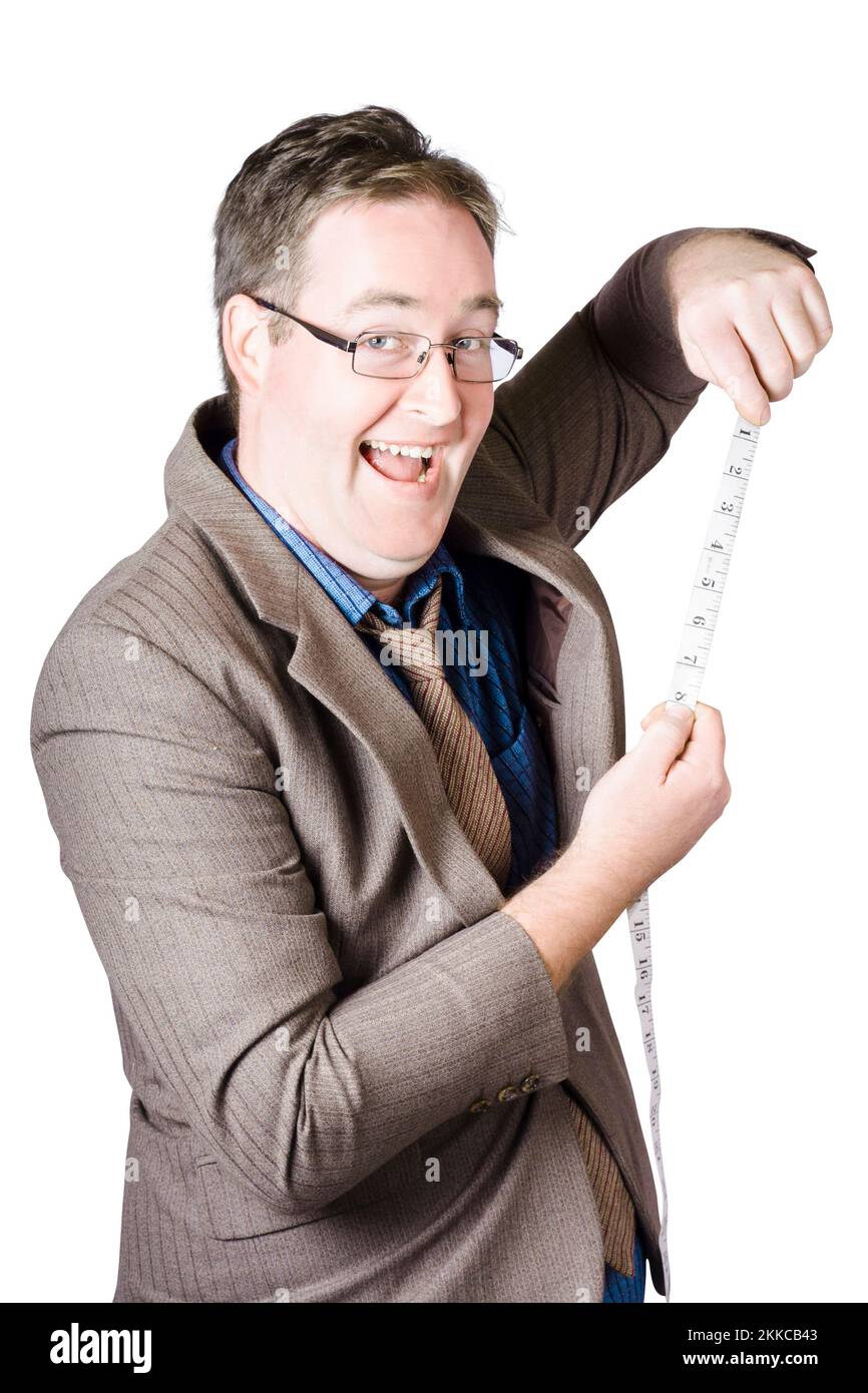 Cheerful businessman measuring the length of business success with tape ...