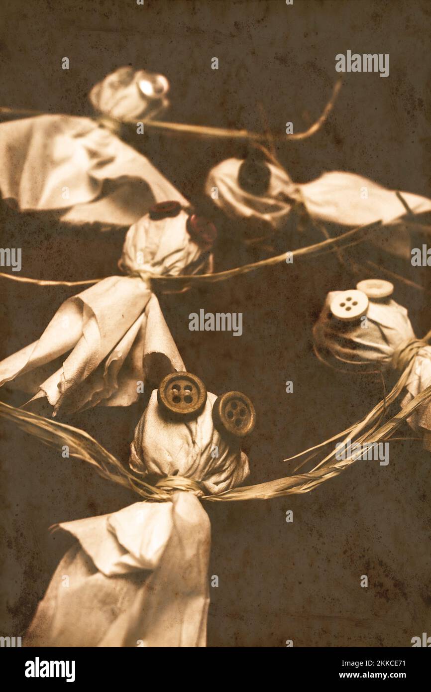 Vintage still life on a scattered group of ghouls, ghosts and monsters ...