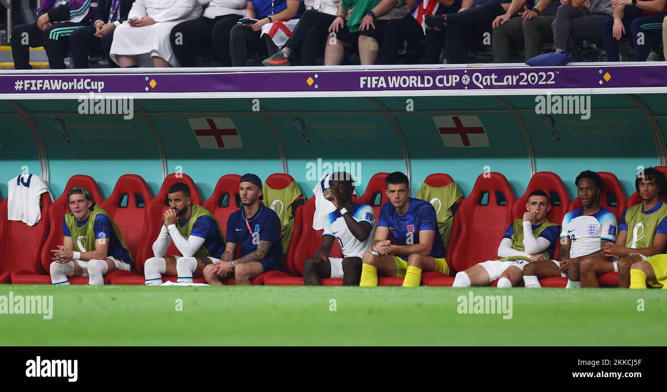 Al Khor, Qatar, 25th November 2022. The England bench look on during ...