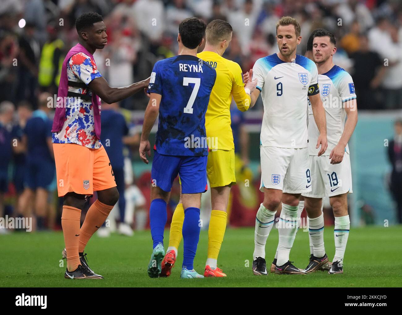 England's Harry Kane shakes hands with keeper Jordan Pickford following ...