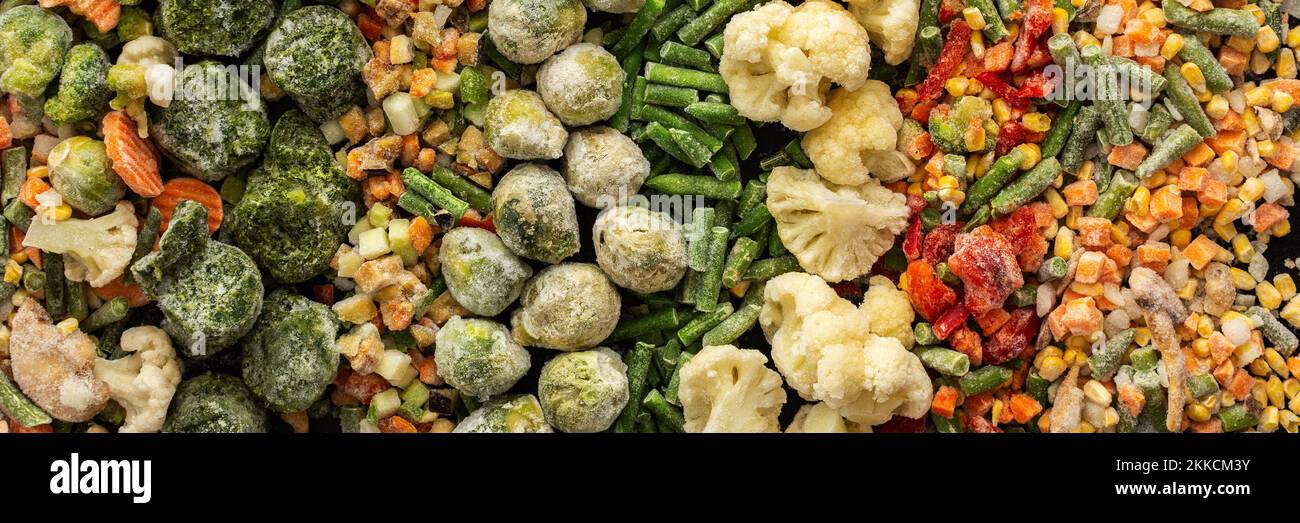 Frozen vegetable mix banner, frozen green beans and broccoli, corn and ...