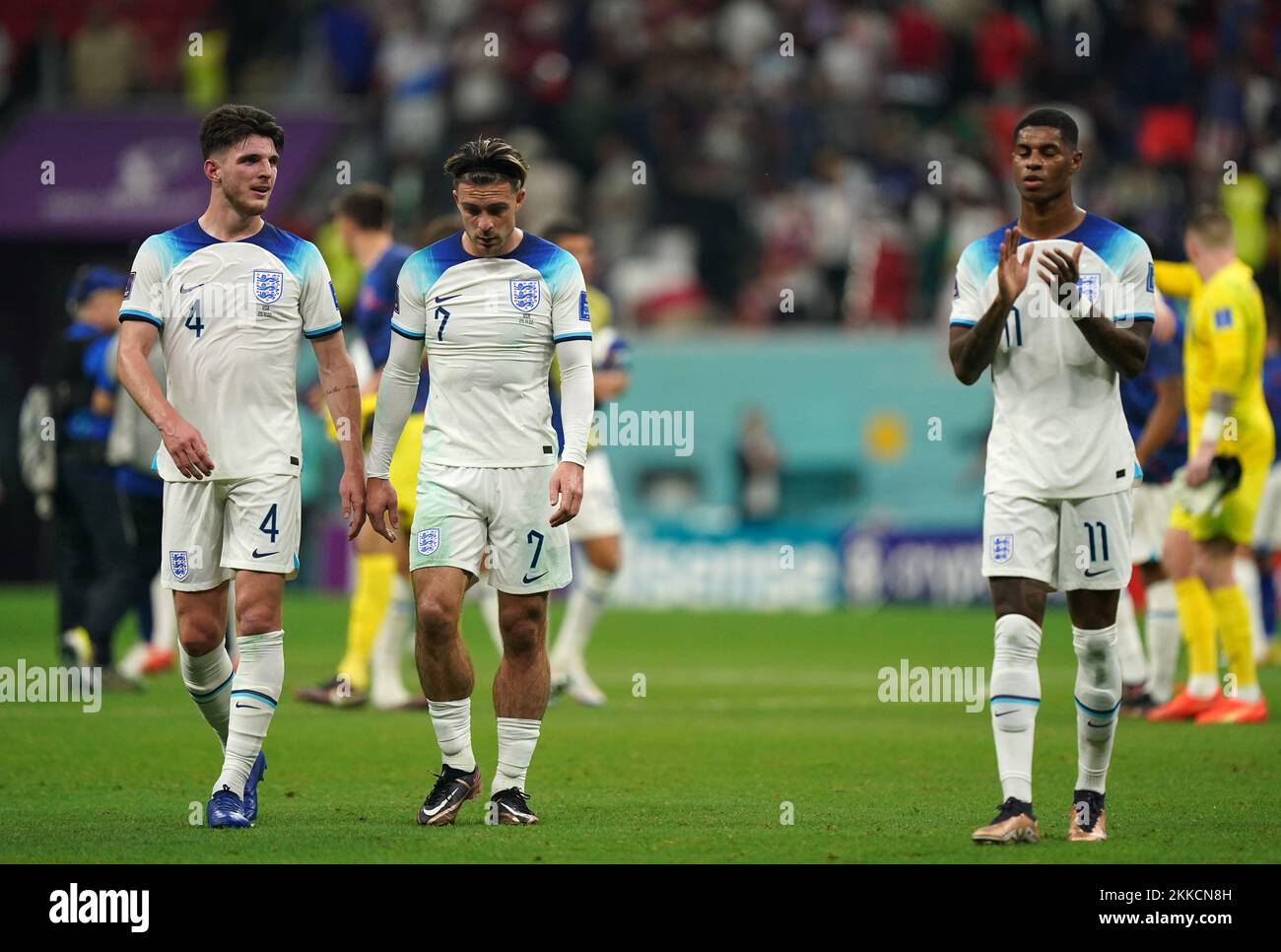 Left to right, England's Declan Rice, Jack Grealish and Marcus Rashford ...
