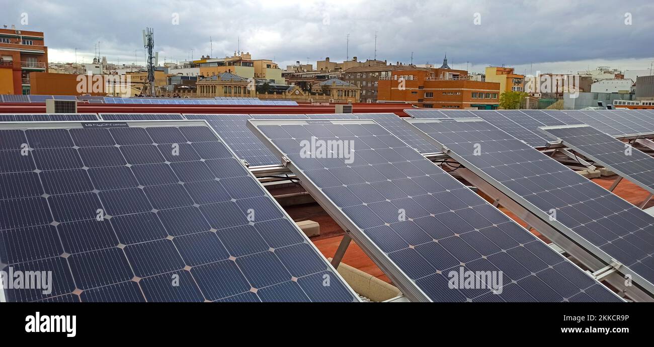 A close-up shot of solar system panels on a rooftop in Madrid, Spain ...