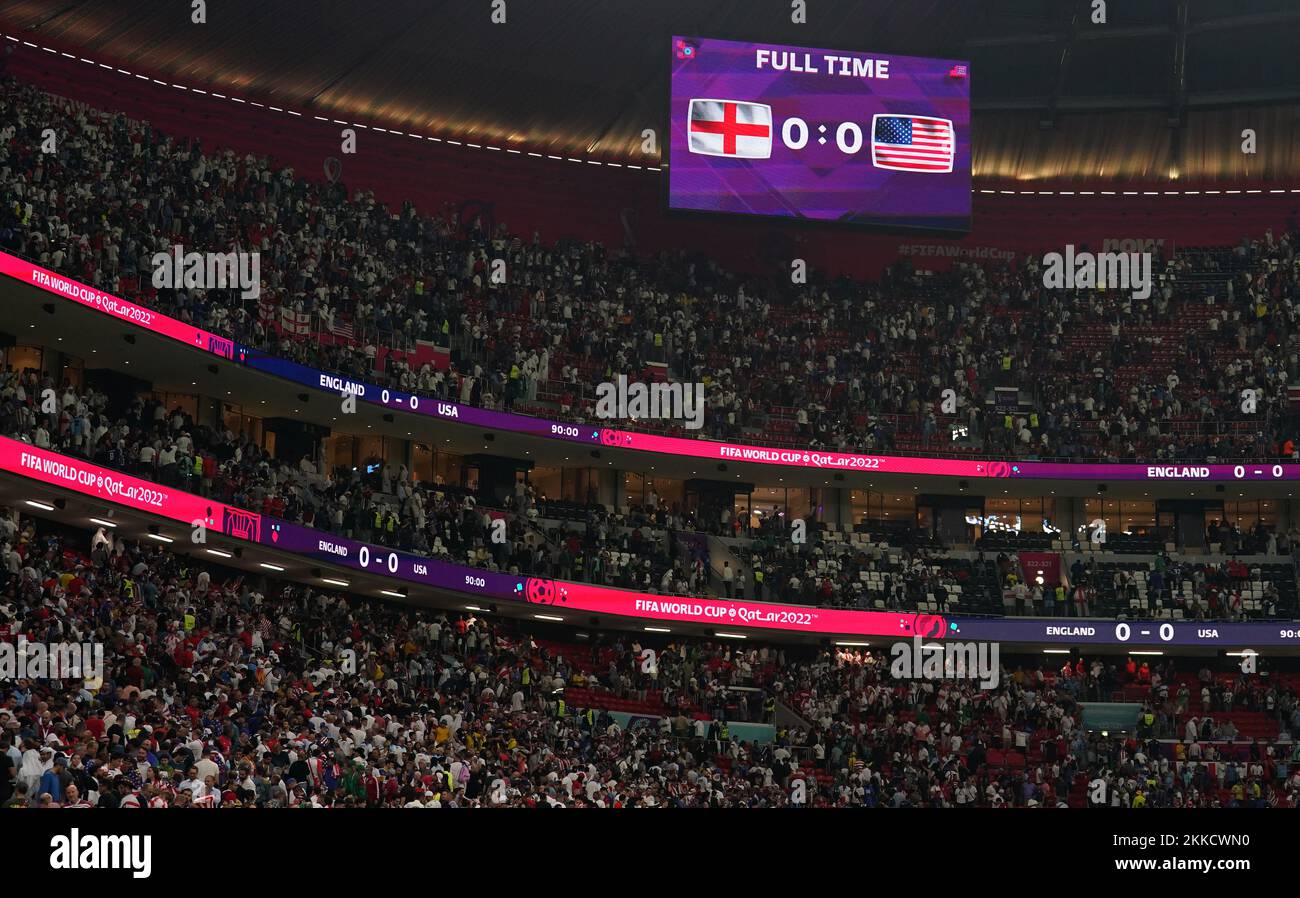 A view of the full-time score on the big screen above the stands after ...