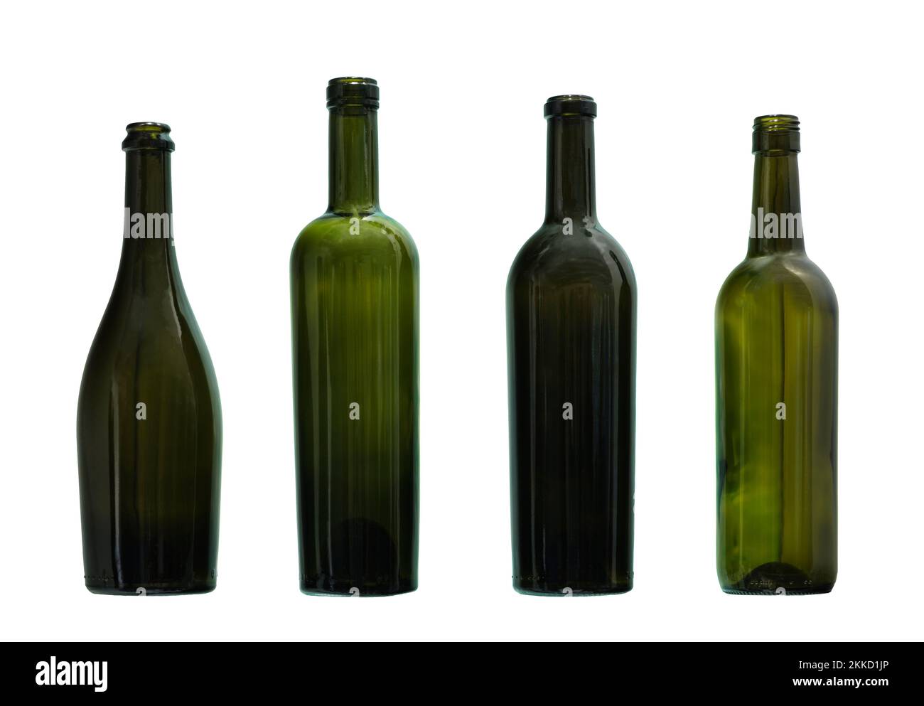 Empty glass bottles for wine and other drinks isolated on white ...