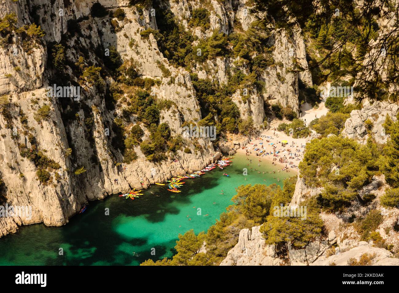 Hiking,view,views,above,Calanque D'En Vau,with, sandy,beach,tour boats ...