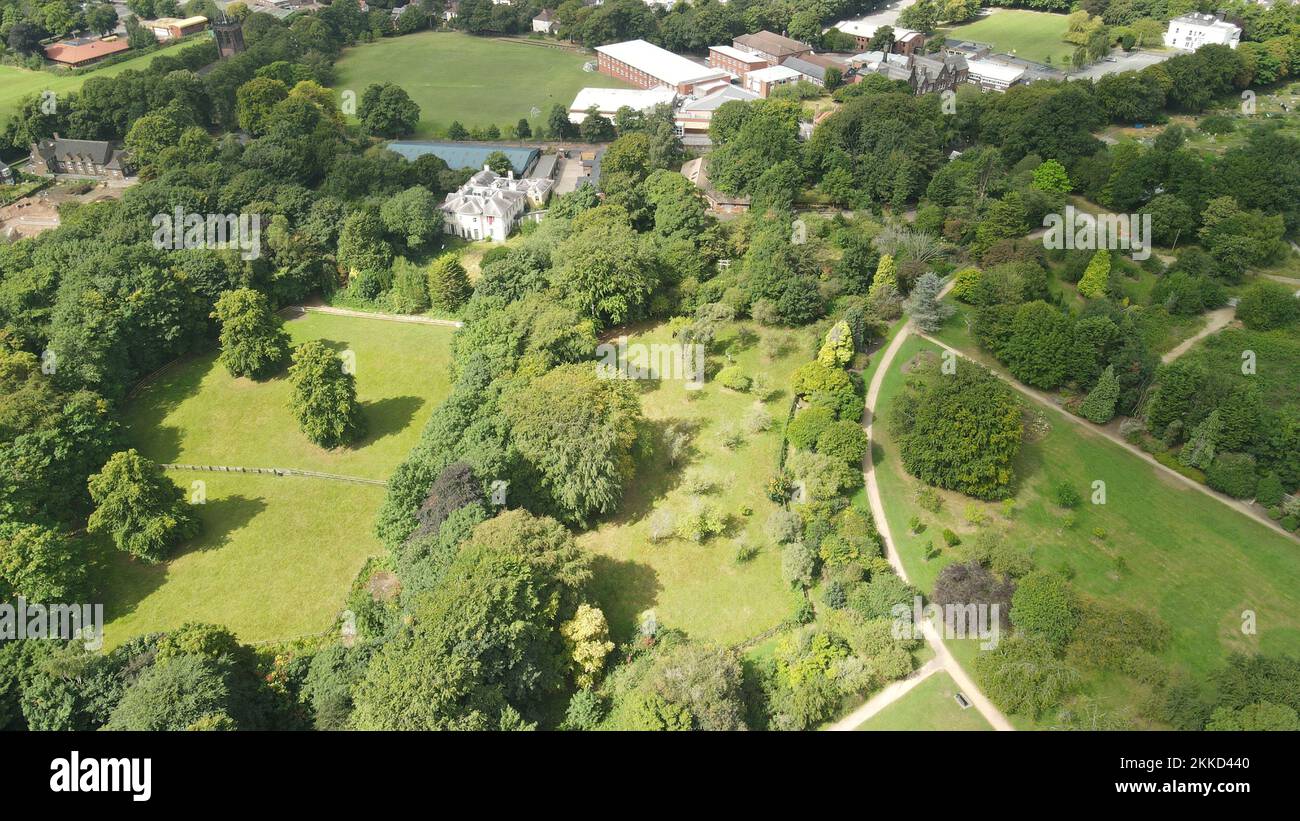 An aerial of the Calderstones park with trees in Liverpool Stock Photo ...