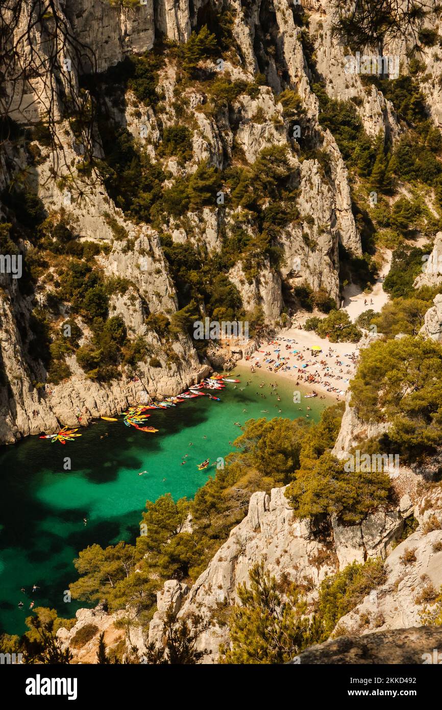 Hiking,view,views,above,Calanque D'En Vau,with, sandy,beach,tour boats ...