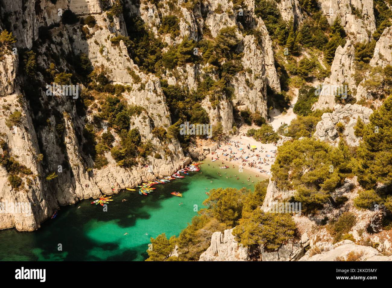 Hiking,view,views,above,Calanque D'En Vau,with, sandy,beach,tour boats ...