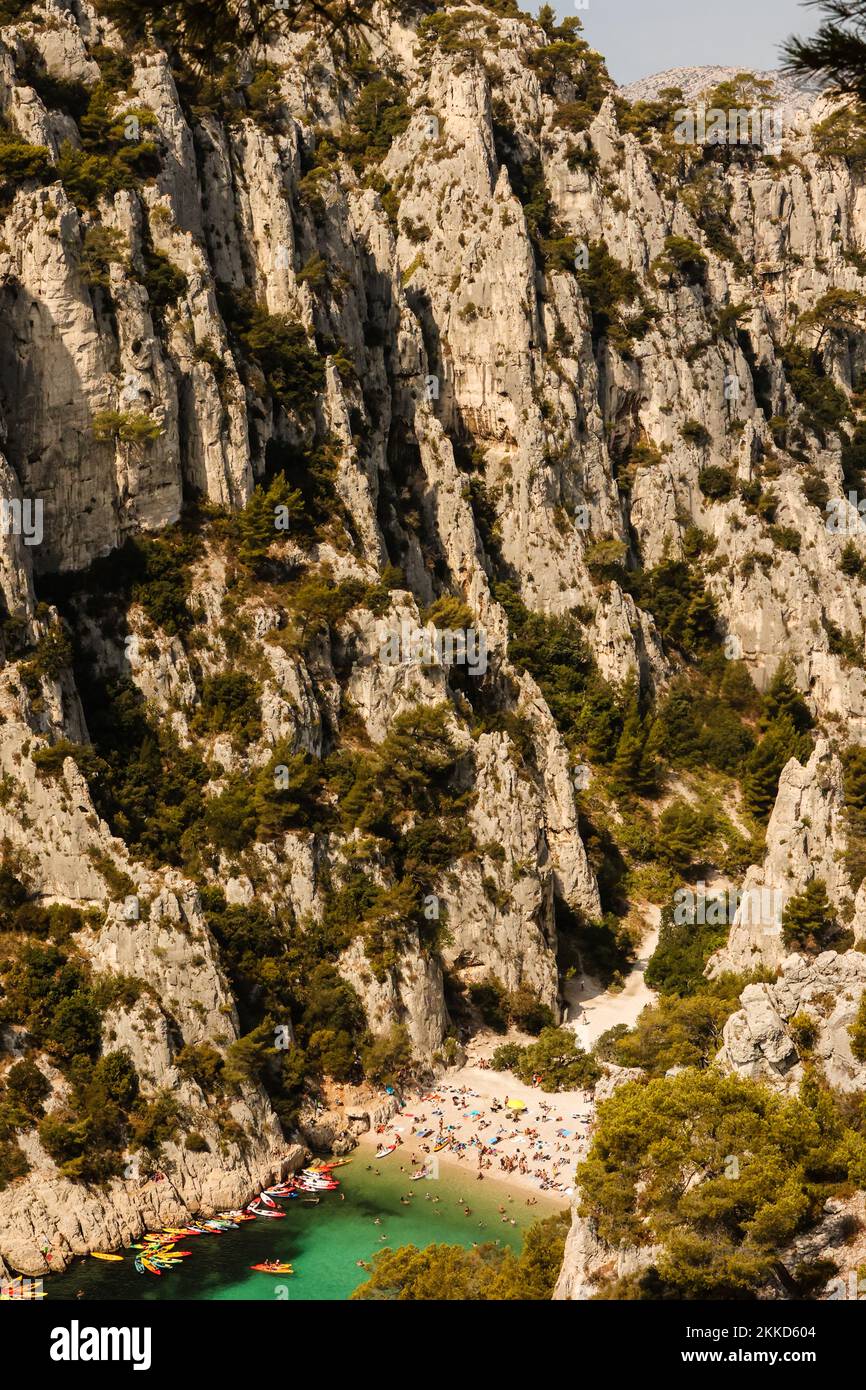 Hiking,view,views,above,Calanque D'En Vau,with, sandy,beach,tour boats ...