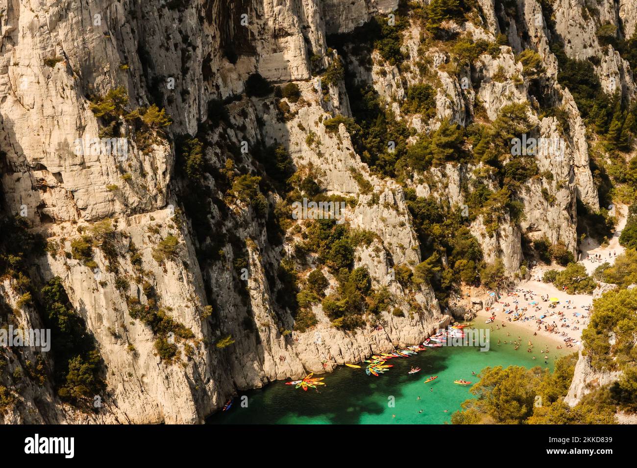 Hiking,view,views,above,Calanque D'En Vau,with, sandy,beach,tour boats ...