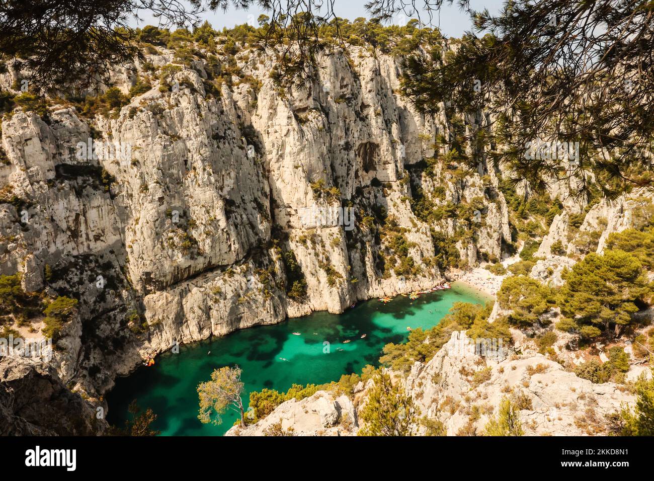 Hiking,view,views,above,Calanque D'En Vau,with, sandy,beach,tour boats ...