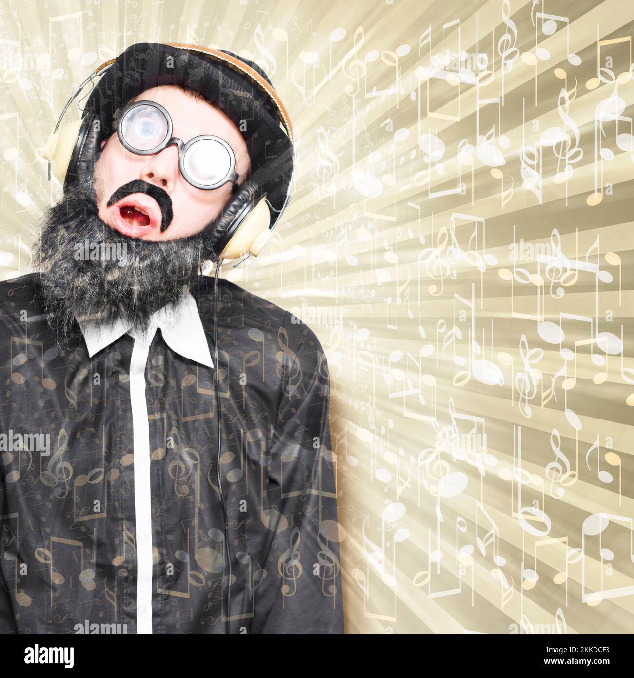 Vintage Music Man Listening To A Loud Song Through Headphones With ...