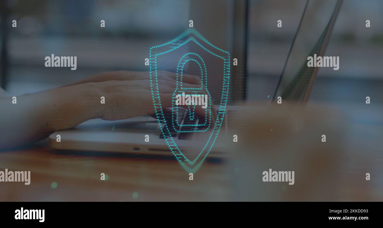 Image of security padlock, data processing over woman using laptop Stock Photo - Alamy