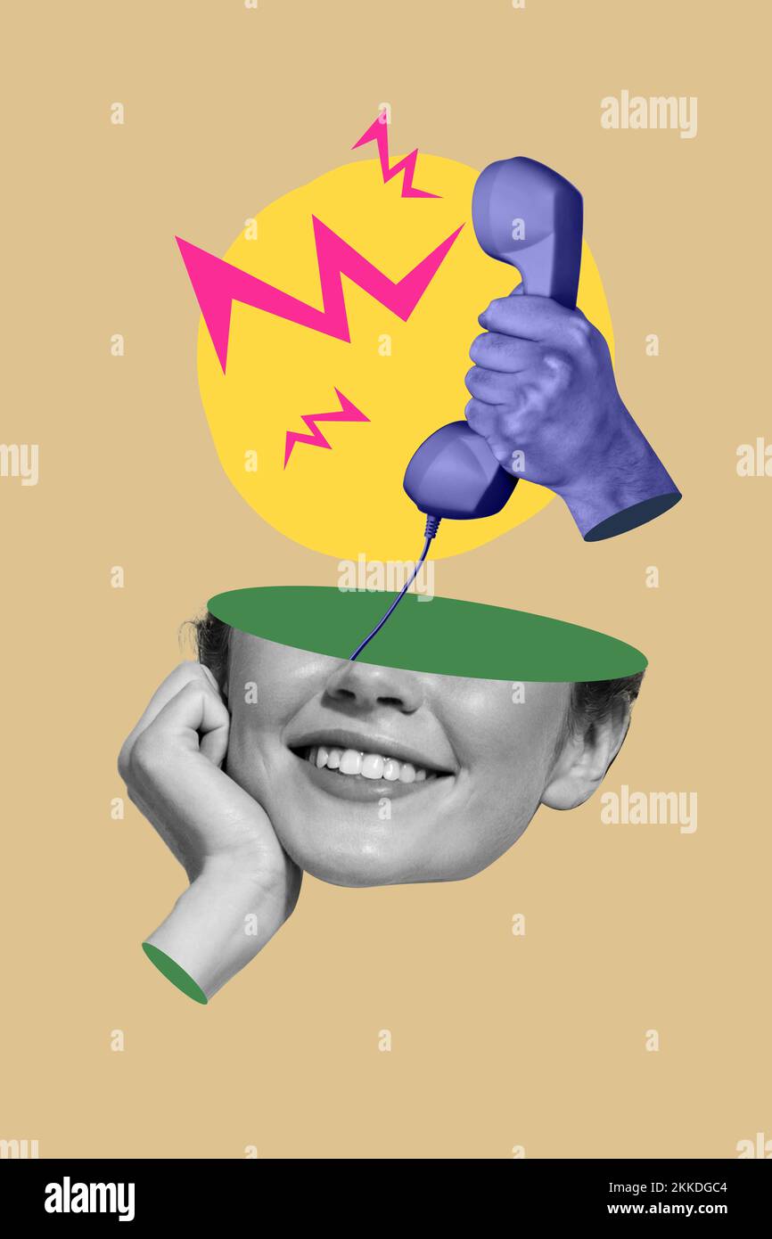 Vertical creative collage of human arm hold telephone inside half girl ...