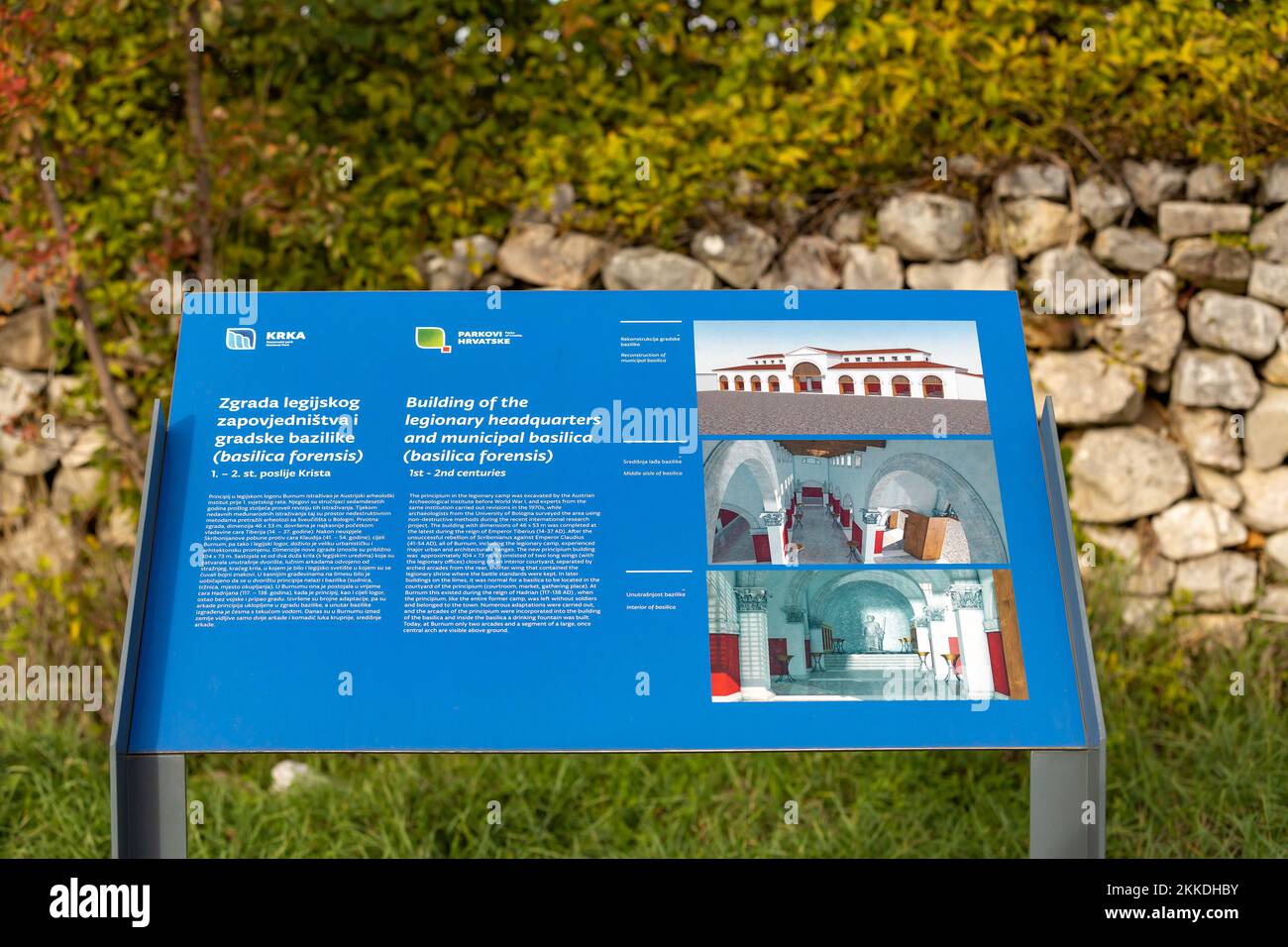 Informational tablet near Burnum Arch in KRKA national park in Croatia ...