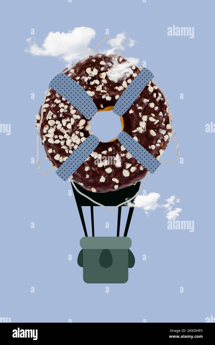 Vertical collage composite picture of flying donut air balloon isolated ...