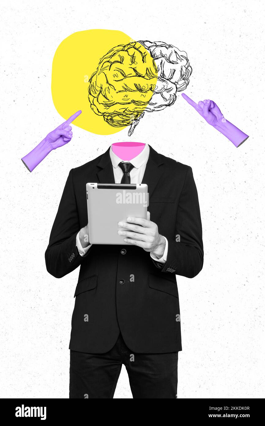 Collage photo of professional worker manager headless guy hold gadget ...