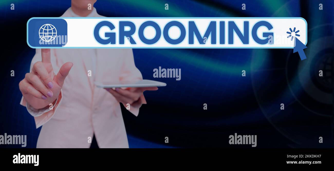 Text sign showing Grooming. Concept meaning hygienic care and enhancing ...