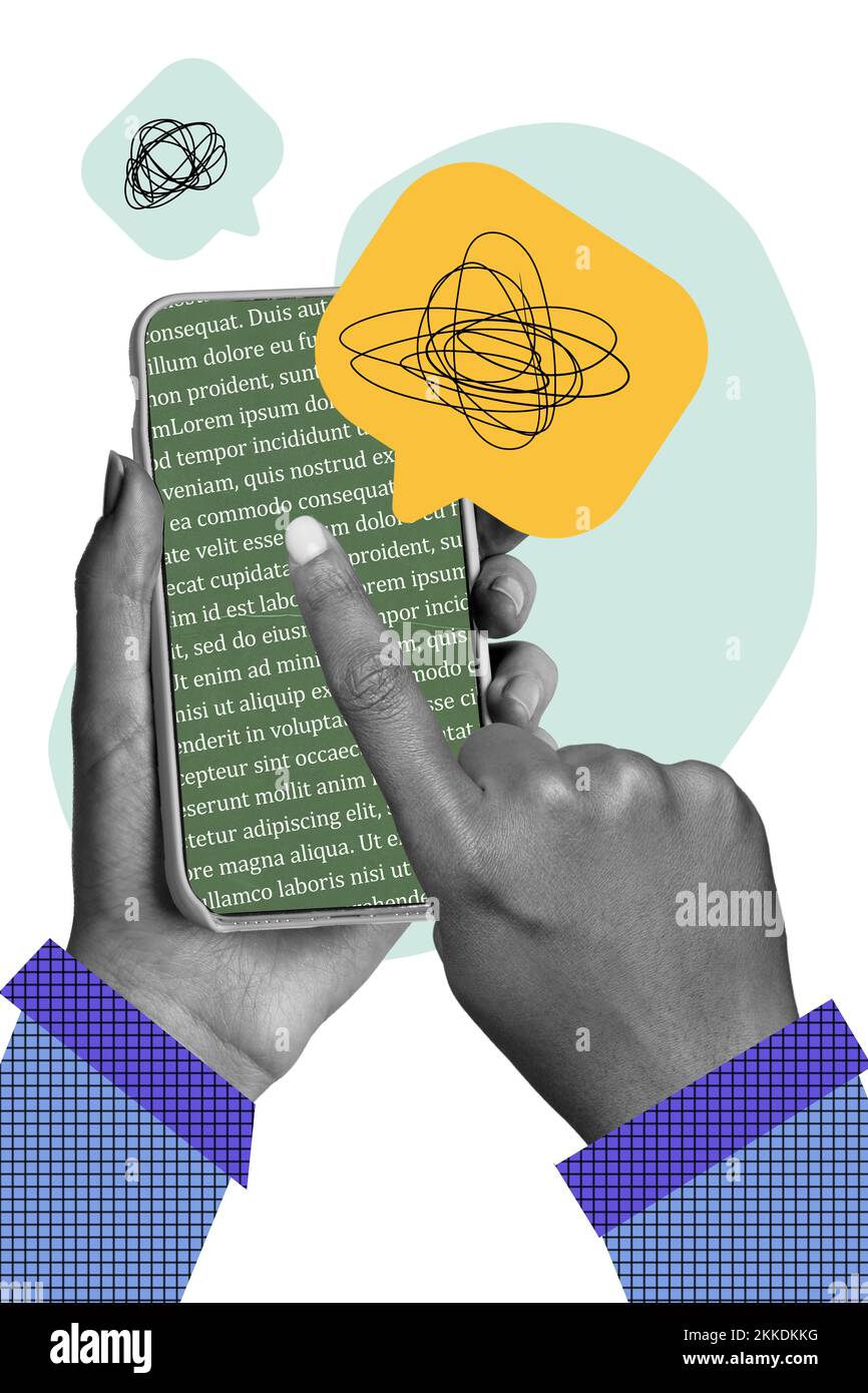 Unusual photo collage of hands scrolling holding broken smart phone ...